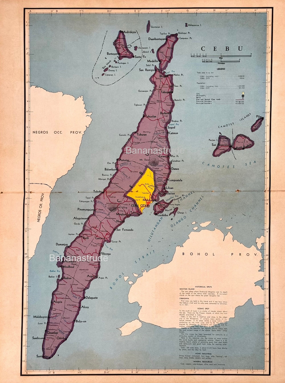 Large Vintage Map of Cebu, Philippines - Mandaue - Talisay - Mactan ...