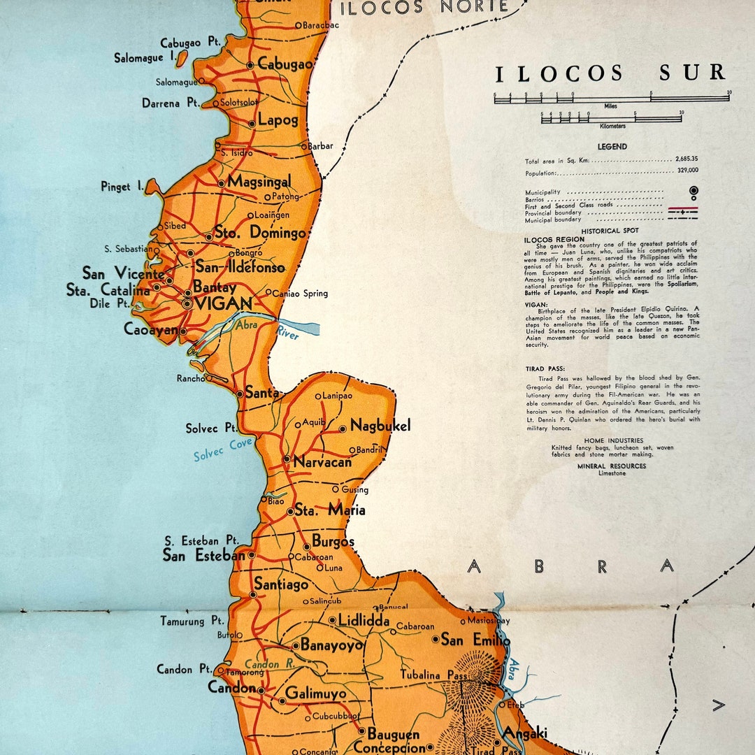 1959 Large Rare Vintage Map of Ilocos Sur, the Philippines - Vigan ...