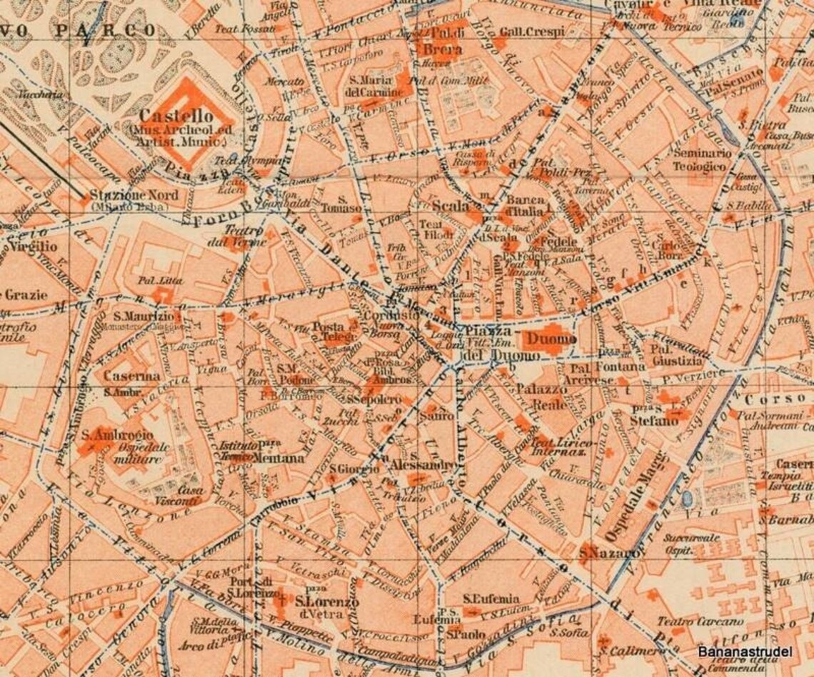 1895 Vintage Mapa de Milán Italia Mapa de milán - Etsy España
