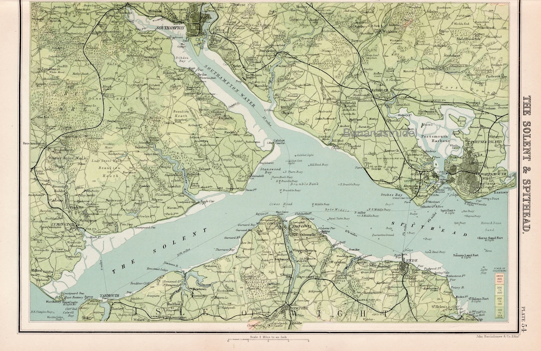 Antique Map of the Solent and Spithead, UK - Southampton - Portsmouth ...