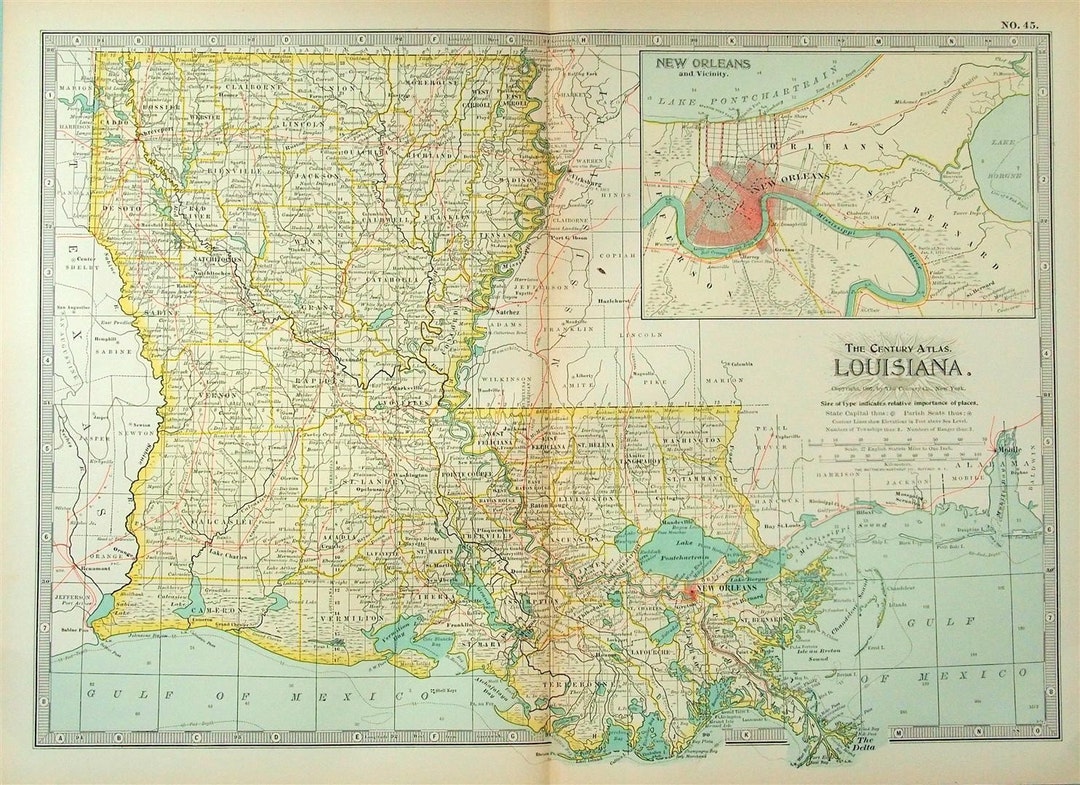 1911 Antique Map of Louisiana - Louisiana Antique Map - Century Atlas ...