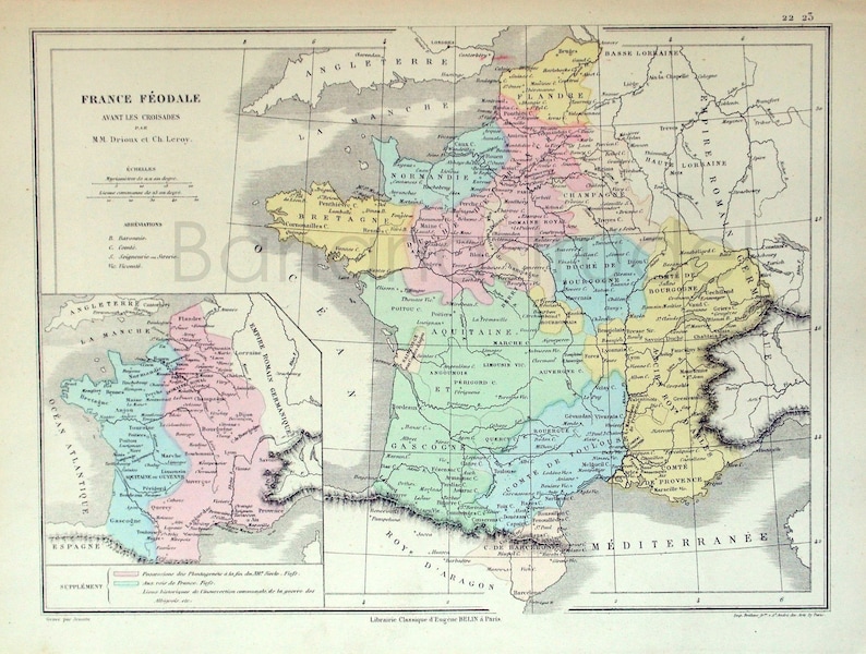 1873 Antique French Map of Feudal France during the Crusades | Etsy
