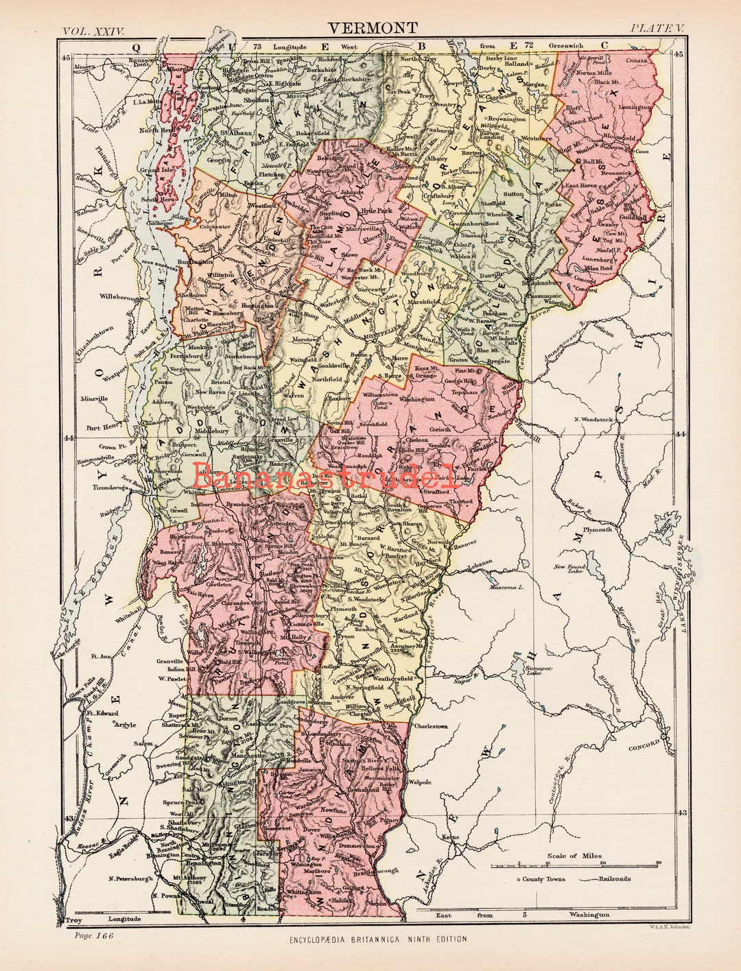 Antique Map of Vermont - Published 1888 - Etsy