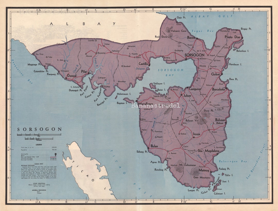 Sorsogon, Philippines - RARE Large Vintage 1959 Map - Bulusan - Matnog ...
