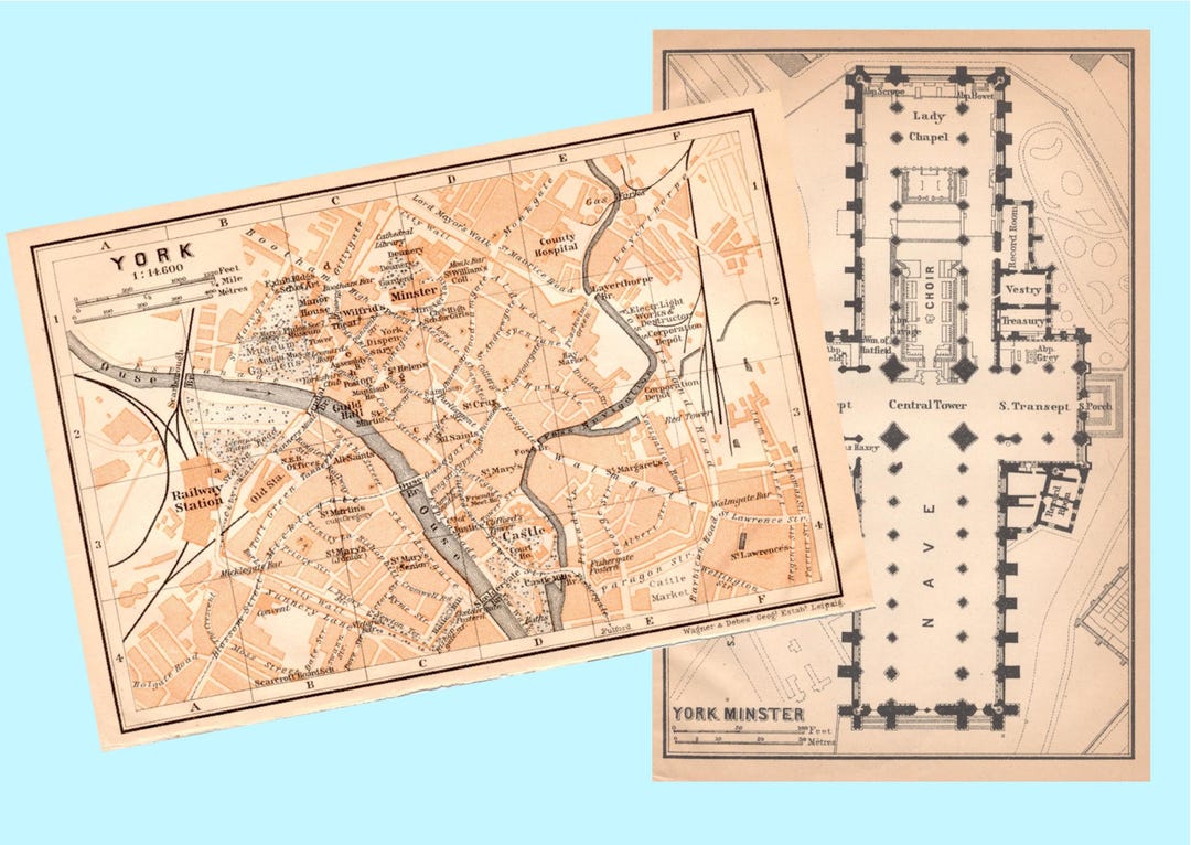 1906 Antique City Map of York, UK, and Antique Plan of York Minster ...