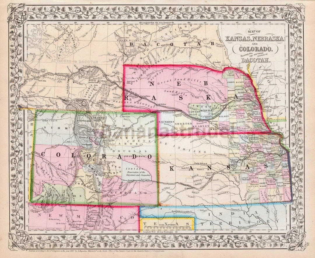 1867 Antique Hand-coloured Mitchell Map of Kansas, Nebraska, Colorado ...