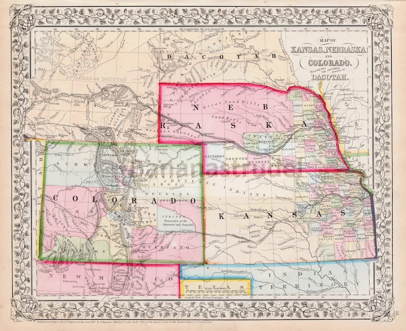 1867 Antique Hand-coloured Mitchell Map of Kansas Nebraska - Etsy