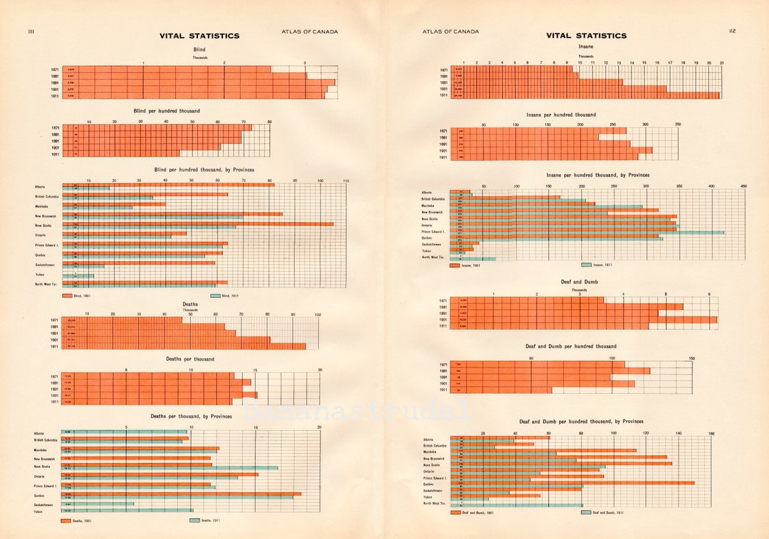 Large Antique Infographics Print - Vital Statistics for Canada - Blind ...