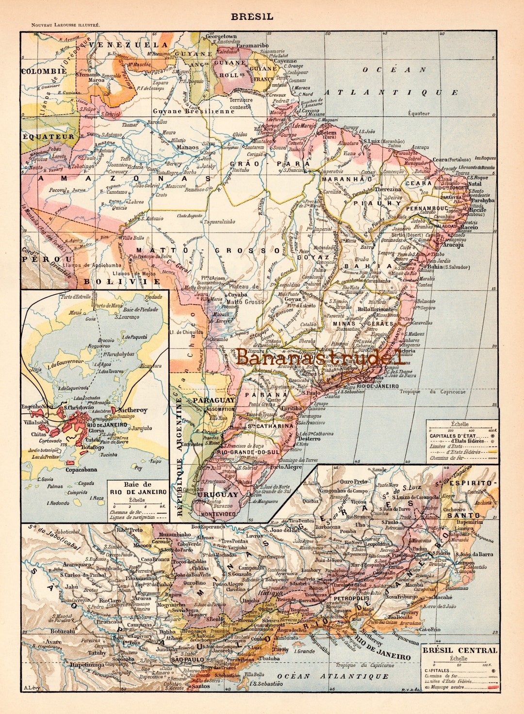 Antique Map of Brazil - With Illustrations on Reverse Showing Brazilian ...