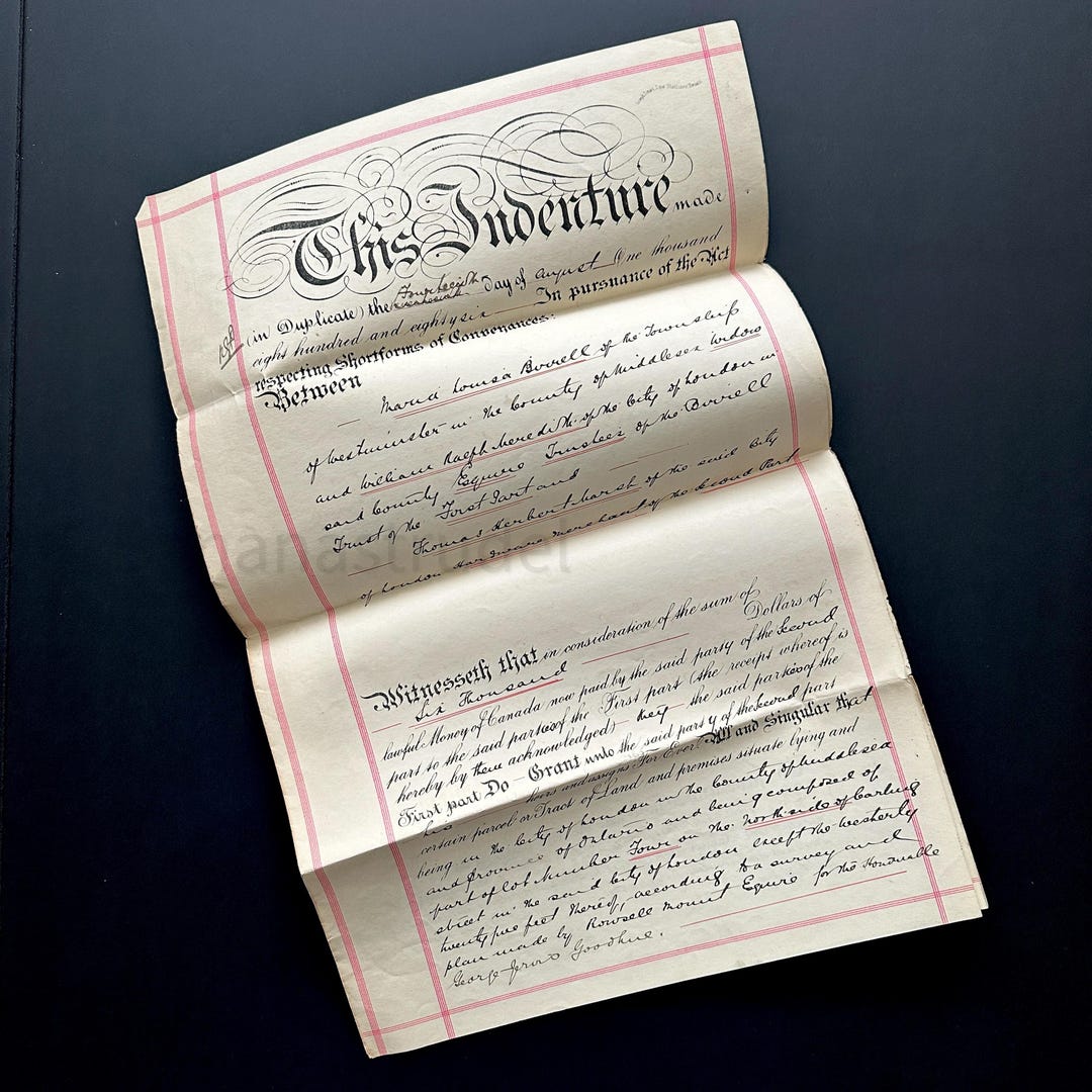 1886 Antique Indenture Deed of Land on Carling Street, London, Ontario ...