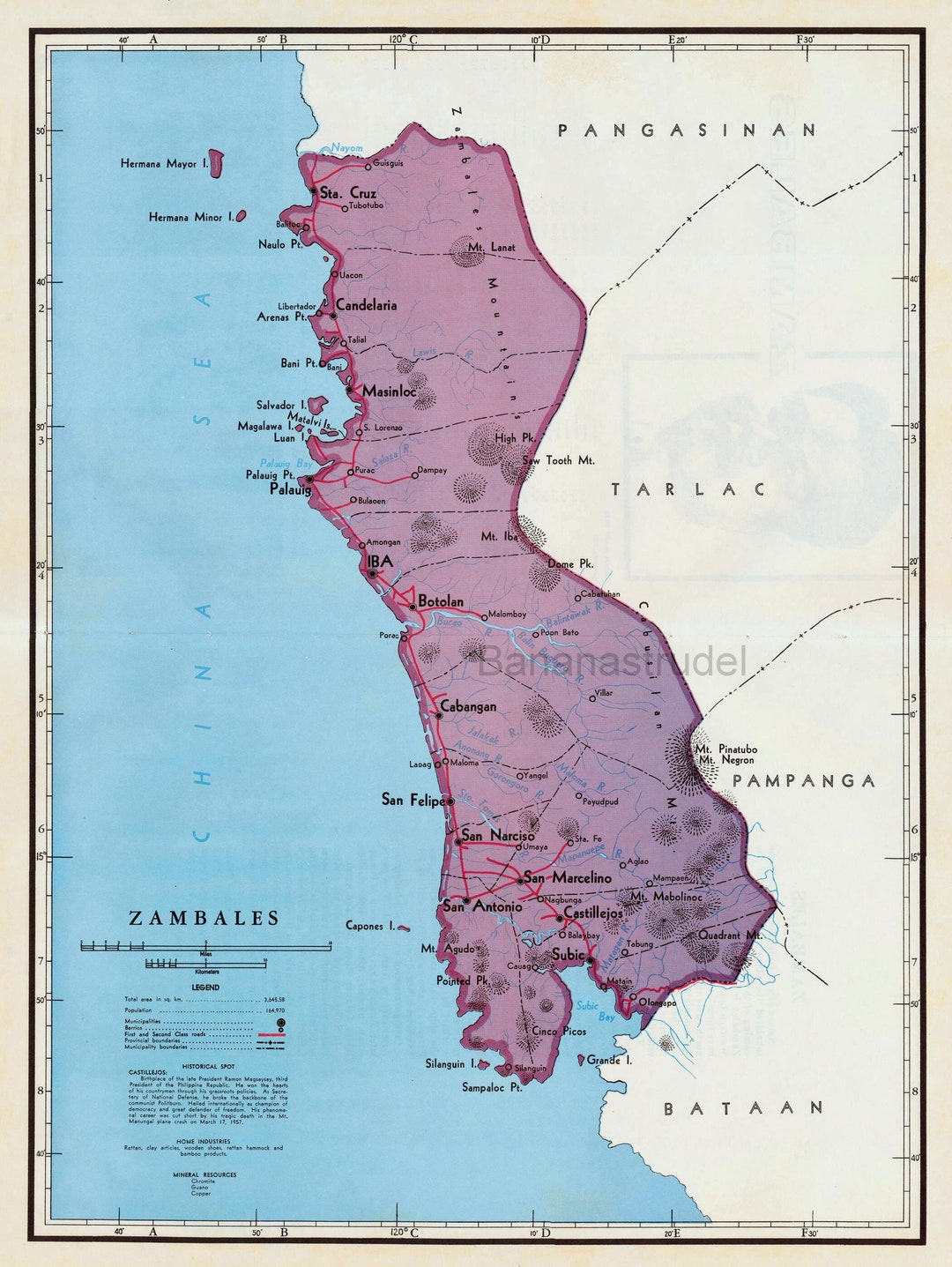 Zambales, Philippines - RARE Large Vintage 1959 Map - Olongapo - Subic ...