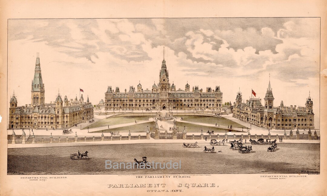 1875 Rare Large Antique Engraving of Parliament Square, Ottawa, Ontario ...