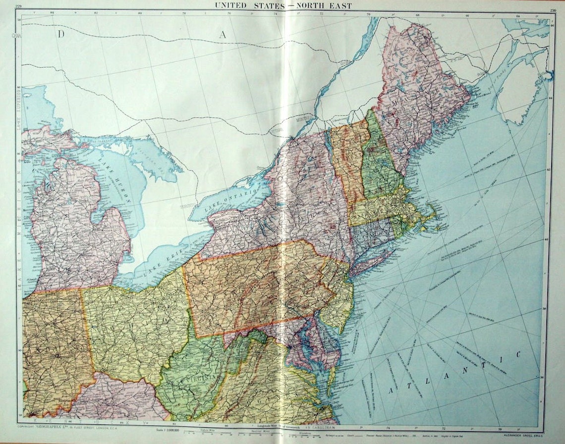 1920 Very Large Map of the United States north East - Etsy