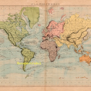 Antique World Map - Planisphere - Published 1912 - Etsy Australia