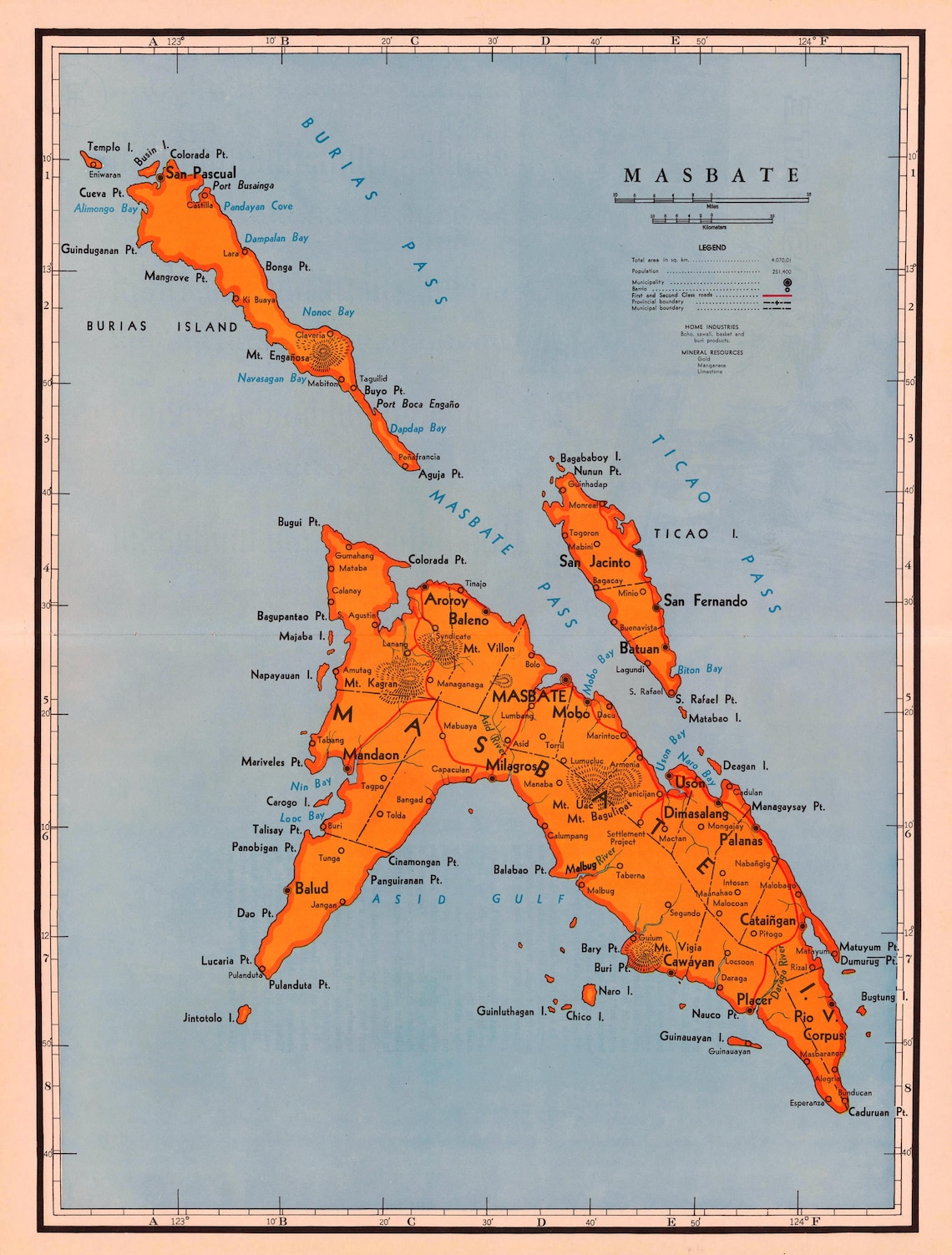 Masbate, the Philippines - RARE Large Vintage 1959 Map - Balud ...