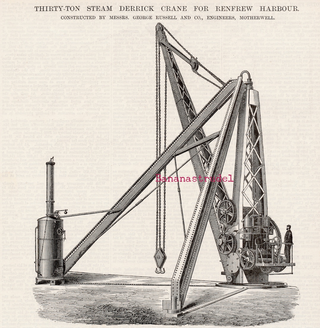 Antique Print of a 30-ton Steam Derrick Crane for Renfrew Harbour ...
