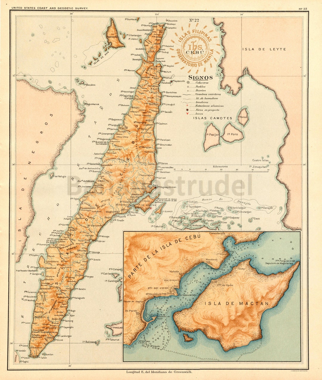 1900 Rare Antique Map of the Island of Cebu, Philippines - Mactan ...