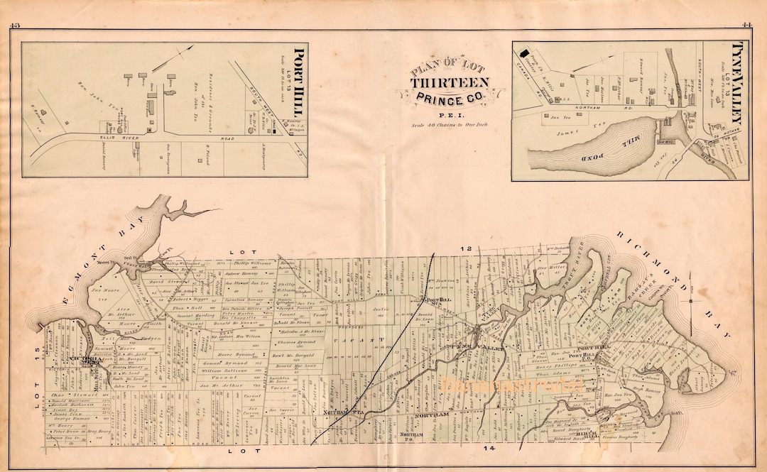 1880 Large Rare Vintage Map of Lot 13, Prince County, PEI. With Insets ...
