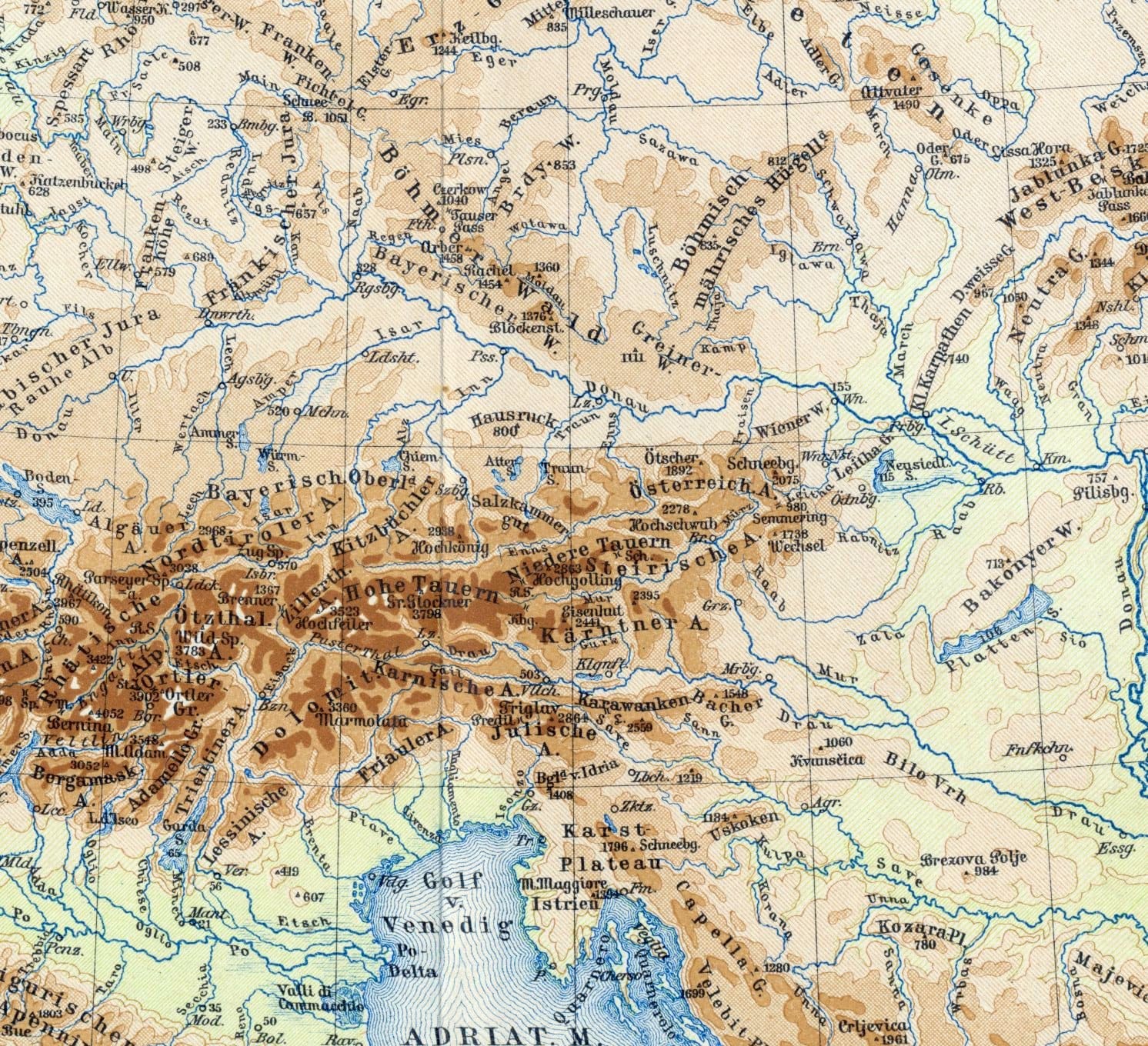 1895 German Vintage Map of Central Europe -- Mountains and Rivers ...