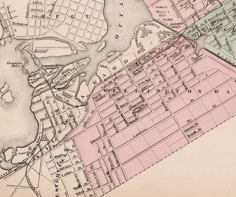 1875 Rare Antique Map of Ottawa, Ontario - Vintage Hand Coloured Ottawa ...