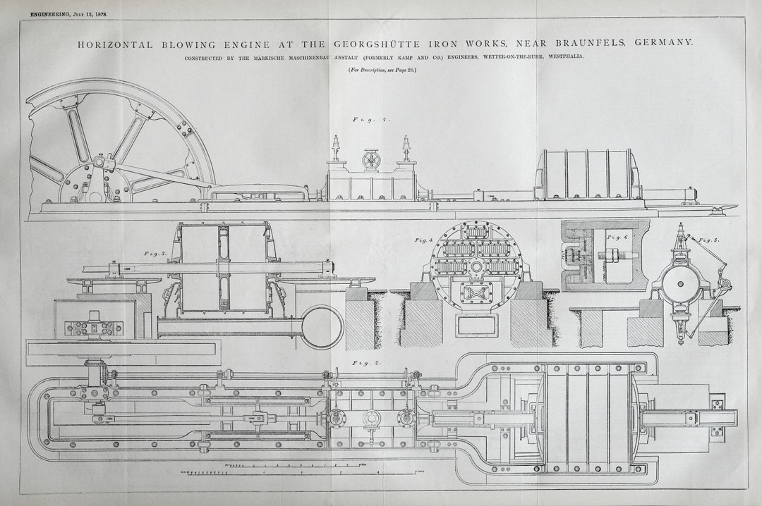 1878 Large Antique Print of a Horizontal Blowing Engine 2-panel ...