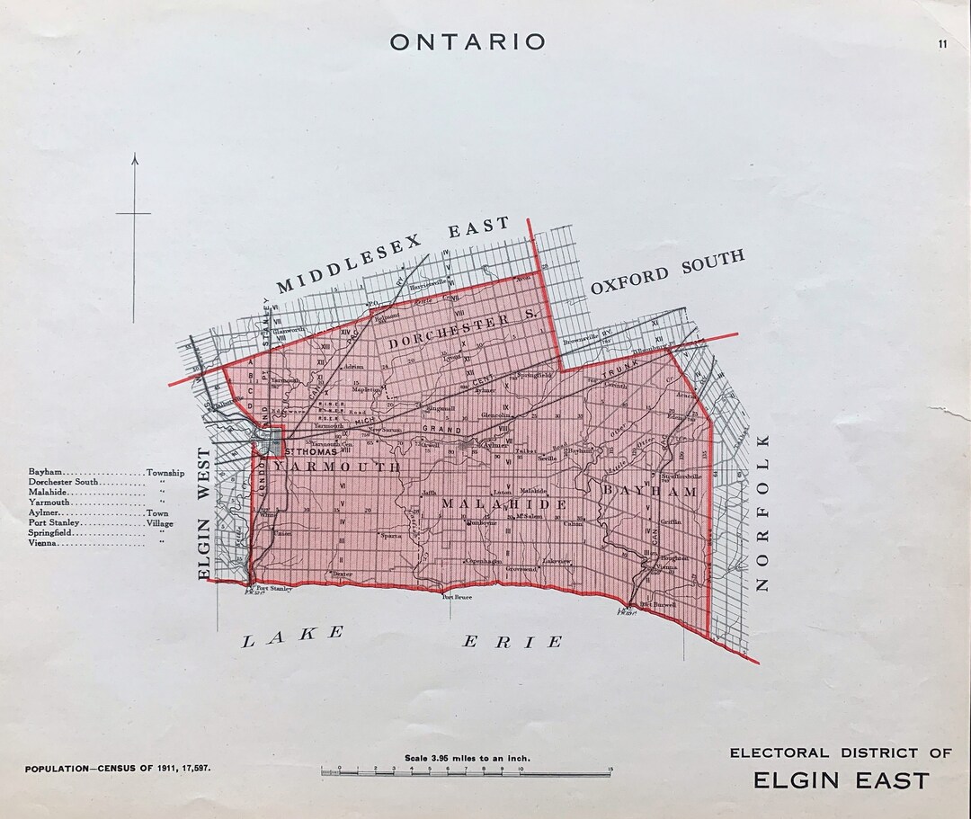 1915 Antique Map of Elgin East, Ontario Vintage Electoral Map St ...