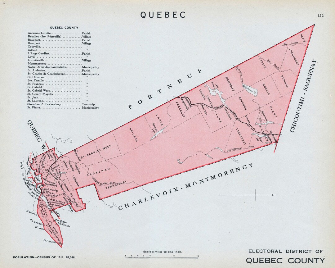 Antique Map of Quebec County, Quebec, Canada - 1915 Vintage Electoral ...