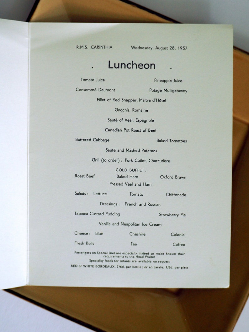 Cunard Lines Luncheon Menu From the R.M.S. Carinthia 1957 - Etsy