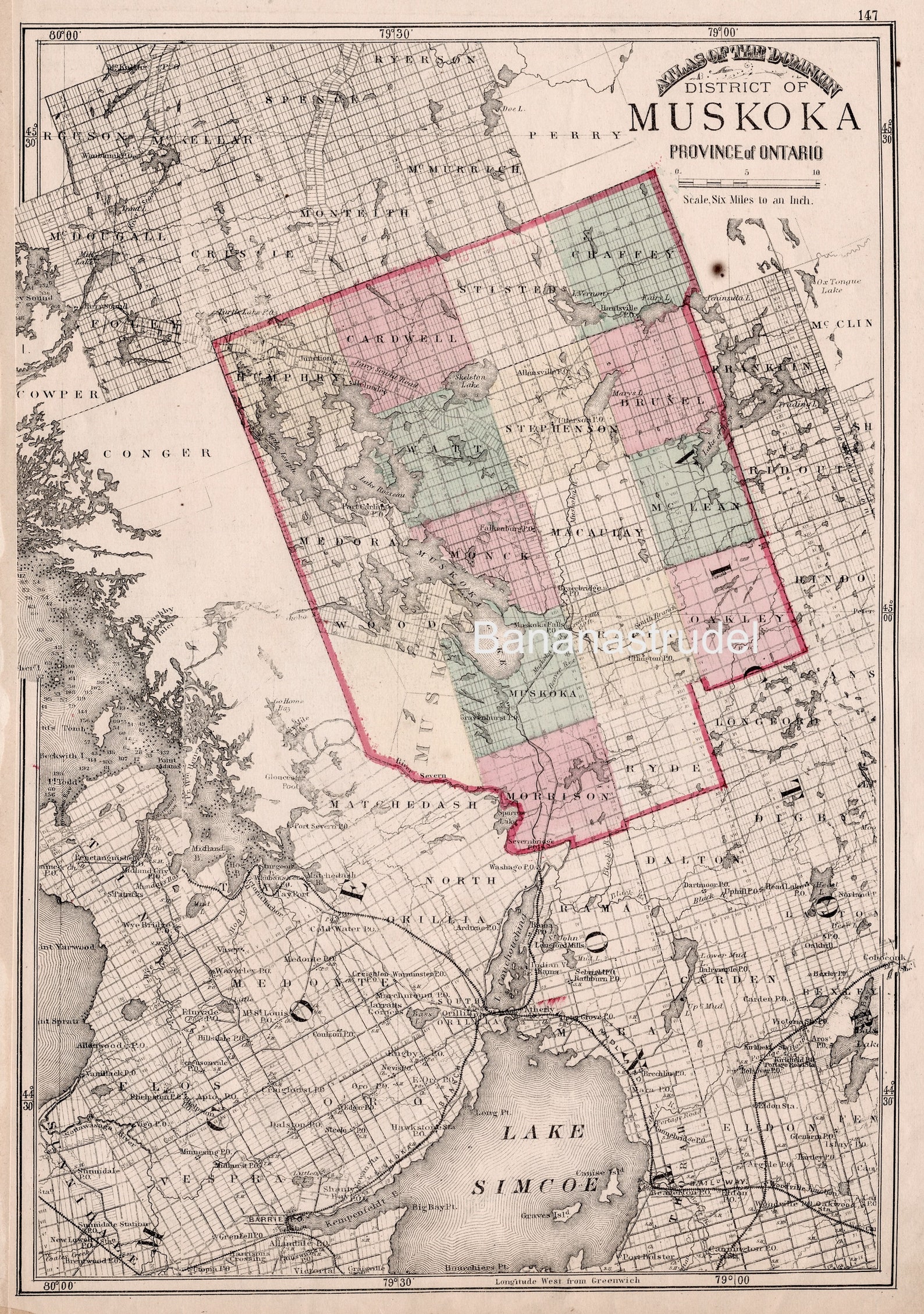 1875 Rare Antique Map of the District of Muskoka, Ontario, Canada ...