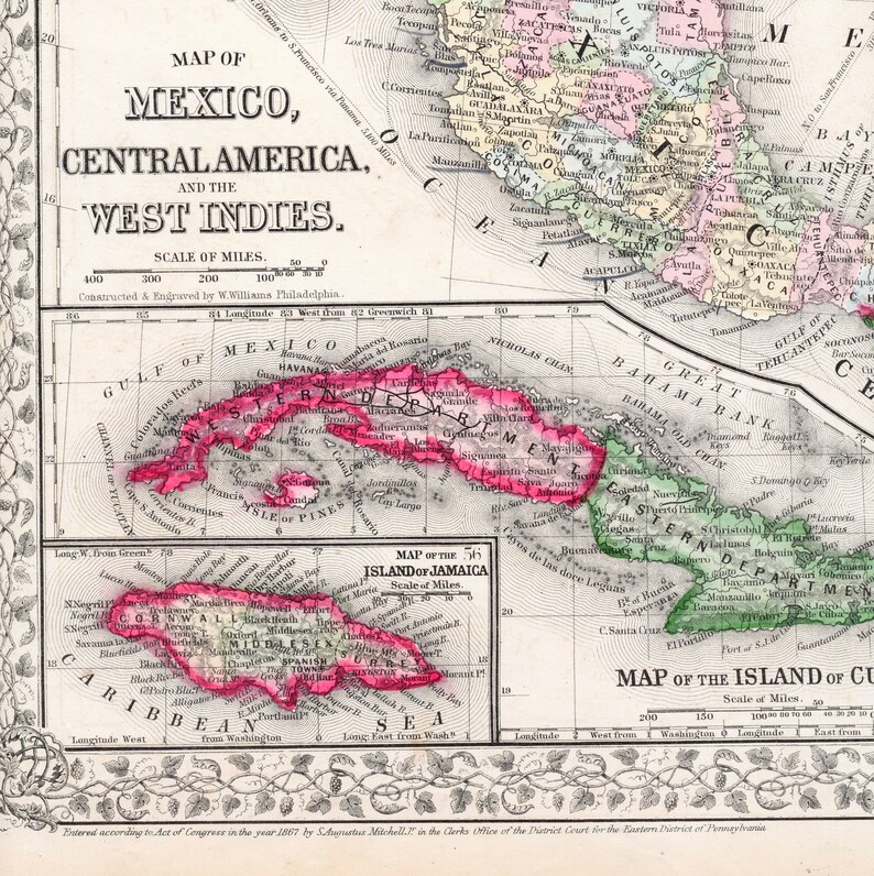 1867 Antique Mitchell Map of Mexico - Central America Map - West Indies ...