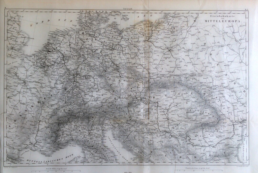 1851 Vintage Map of Central Europe - Antique Railway Map - Old Map of ...