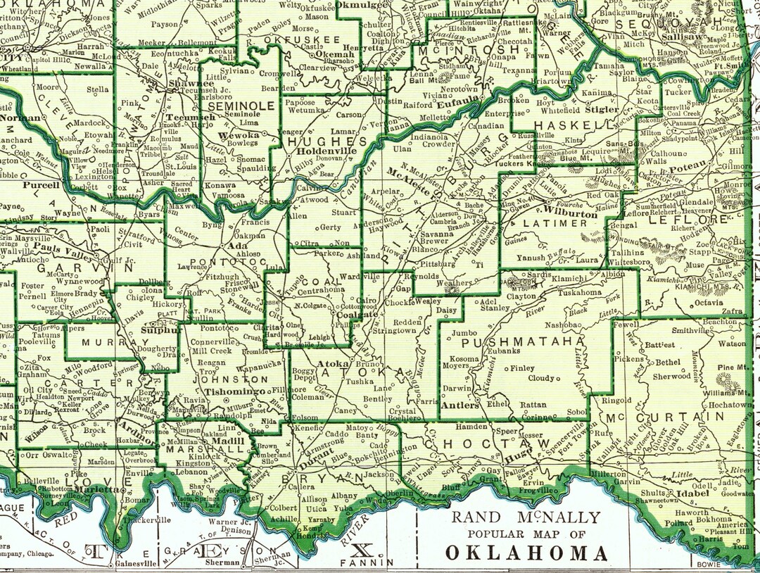 1940s Vintage Map of Oklahoma - Blue and Emerald Green Map - Etsy