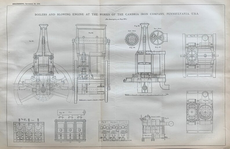 Large Antique Engineering Drawing of Boilers and Blowing Engine at the ...