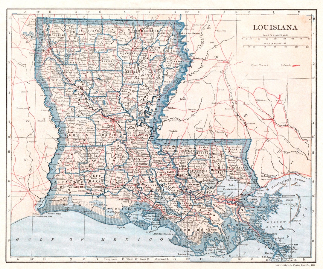 Antique Map of Louisiana - Published 1921 - Etsy