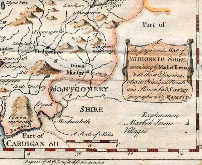 1744 Antique Map of Merioneth Shire - Wales Map - Hand Coloured Wales ...