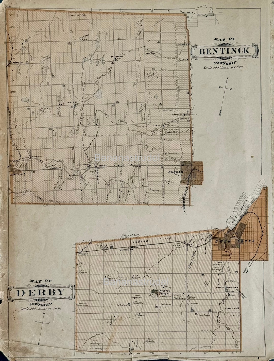 1880 Large Antique Map of Bentinck and Derby Townships, Grey County ...