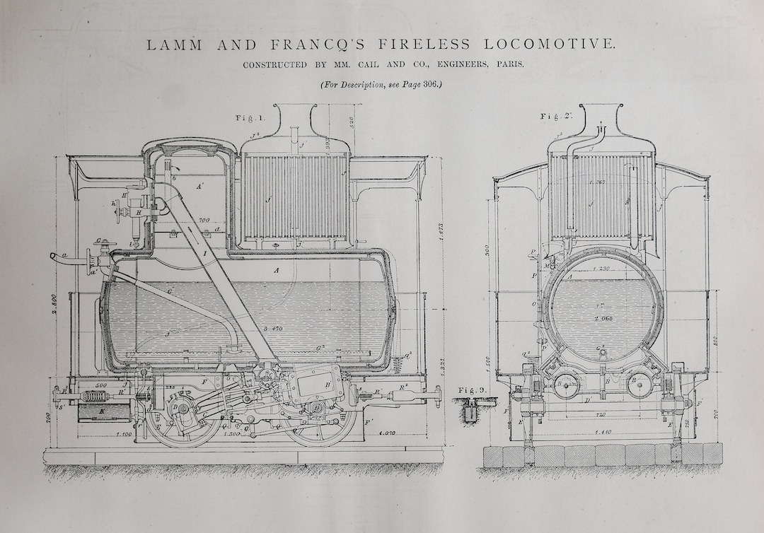 1879 Large Antique Engineering Drawing Fireless Locomotive Two-page ...