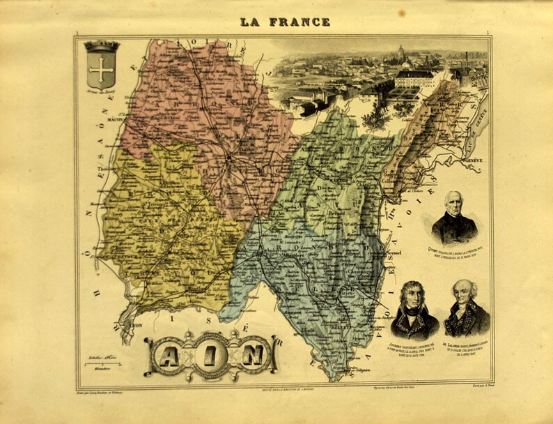 Antique Map of Ain, France - 1883 Illustrated Map - Handcolored ...