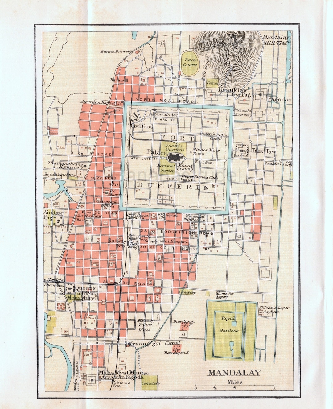 Vintage Map of Mandalay, Burma (myanmar) - 1924 City Map - Old City Map ...