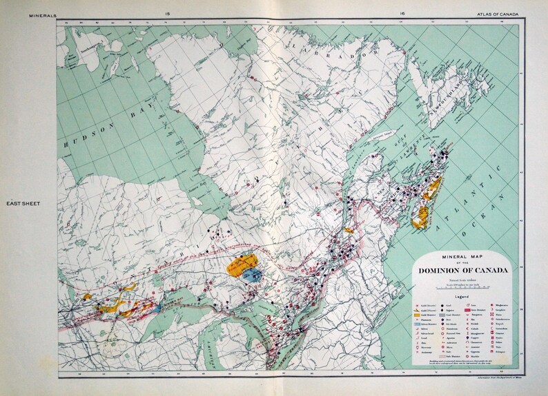 1915 Antique Minerals Map of Canada East Sheet Large - Etsy