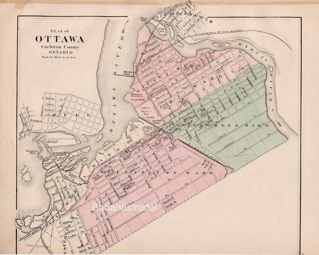1875 Rare Antique Map of Ottawa, Ontario - Vintage Hand Coloured Ottawa ...