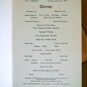 Cunard Lines Dinner Menu From the R.M.S. Carinthia - 1957 Vintage ...