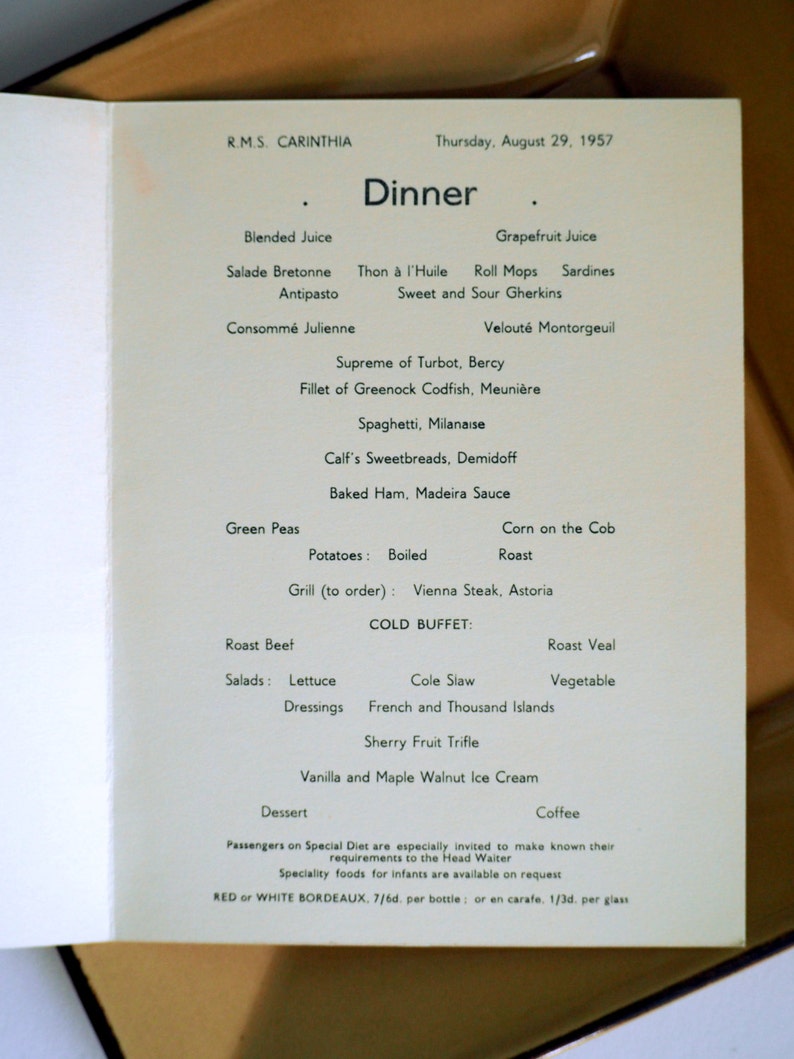 Cunard Lines Dinner Menu From the R.M.S. Carinthia - 1957 Vintage ...