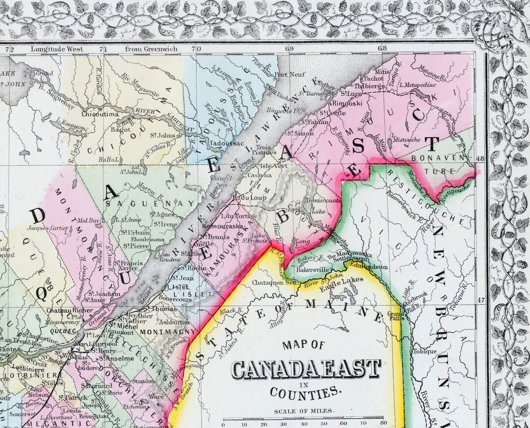 1867 Antique Hand-coloured Mitchell Map of Quebec, Canada - Canada East ...