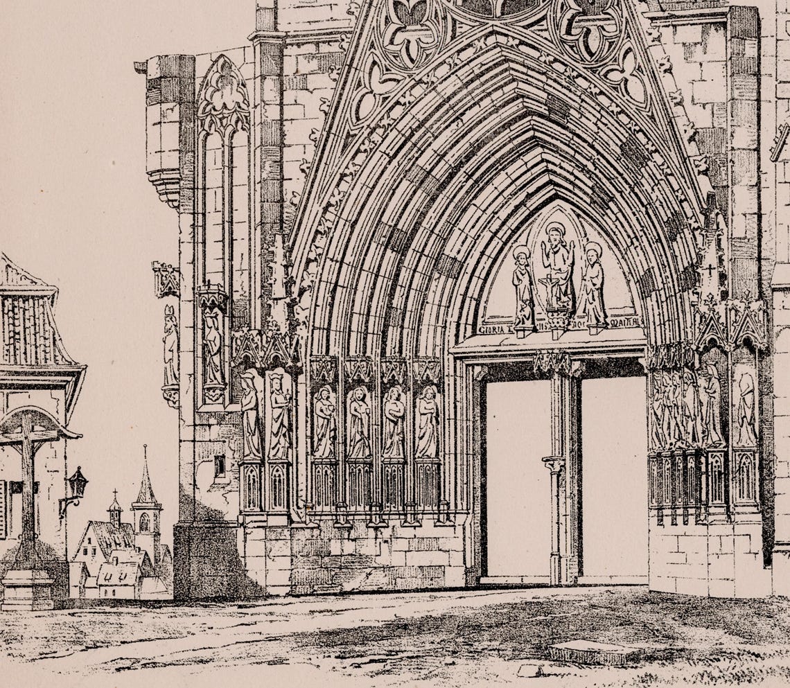 Large Antique Plate of Gothic Architectural Details of Erfurt Cathedral ...