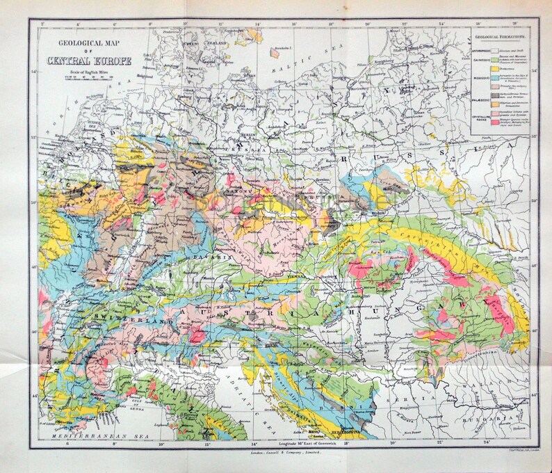 1888 Antique Geological Map of Central Europe | Etsy