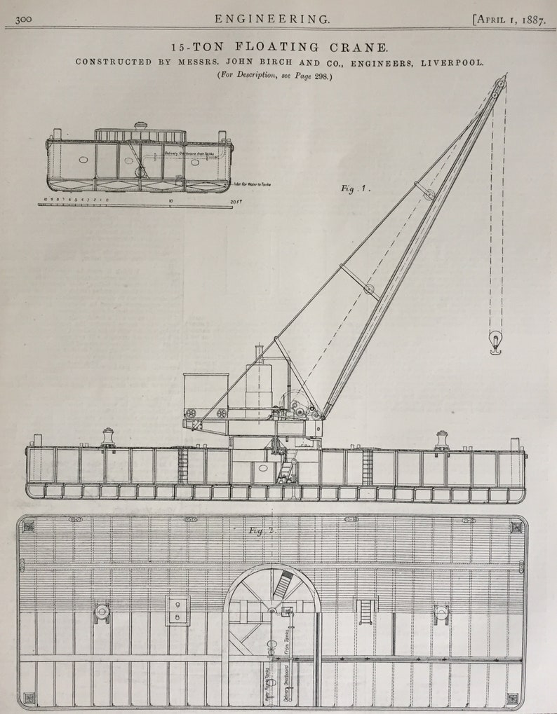 1887 Antique Print of a Floating Crane Technical Drawing - Etsy