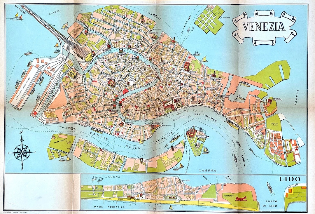 Venice, Italy - Large Vintage Map Ca. 1950s-60s - Venezia - the Lido - Etsy