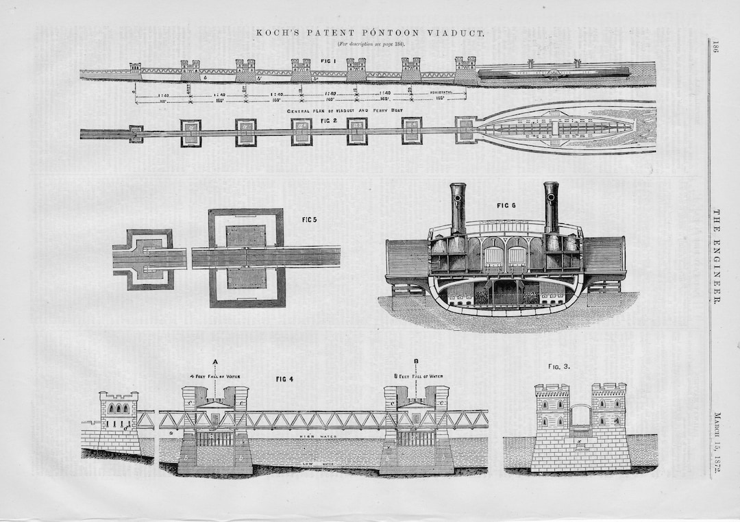 1872 Antique Print of Koch's Patent Pontoon Viaduct - Technical Drawing ...