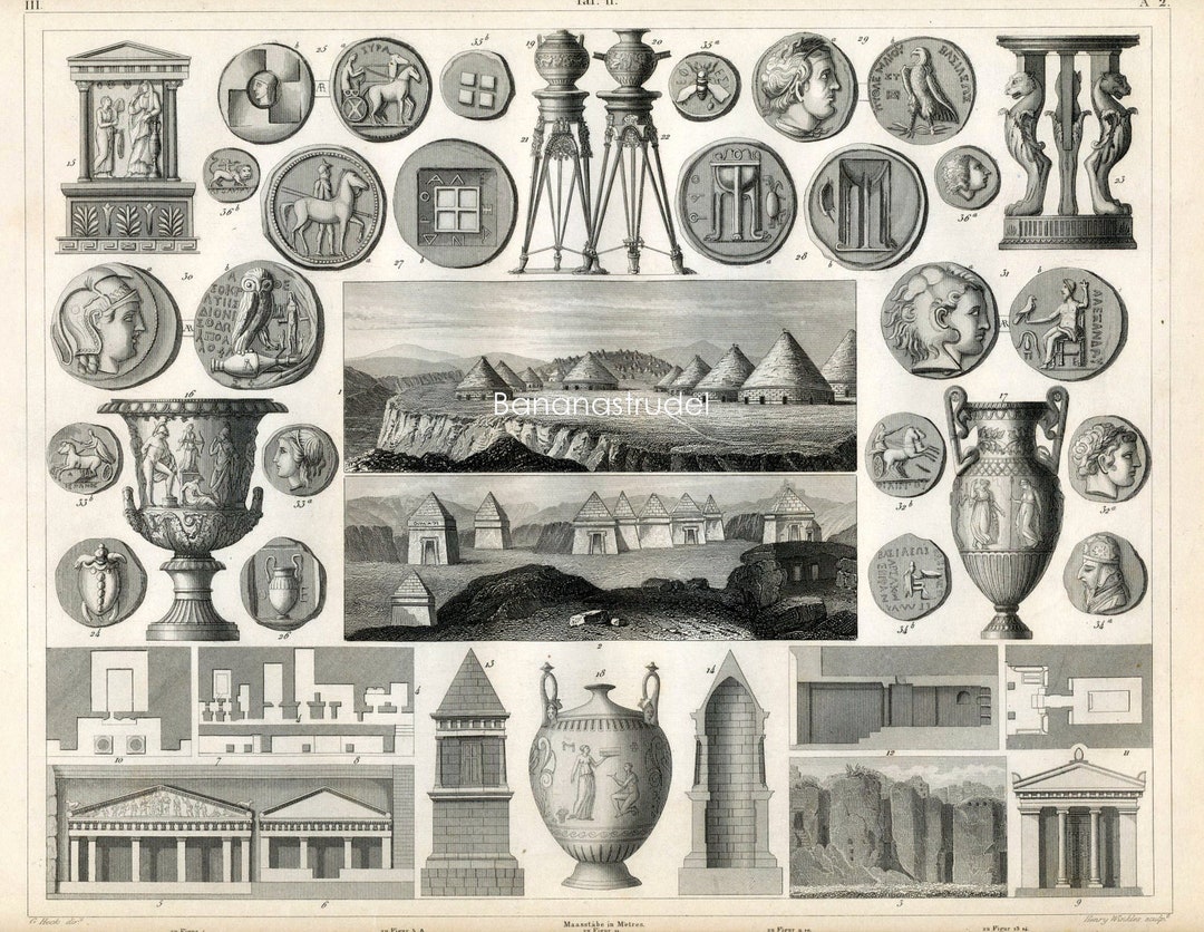 1860 Antique Steel Engraving of Tombs, Urns, Vases, and Coins - Etsy